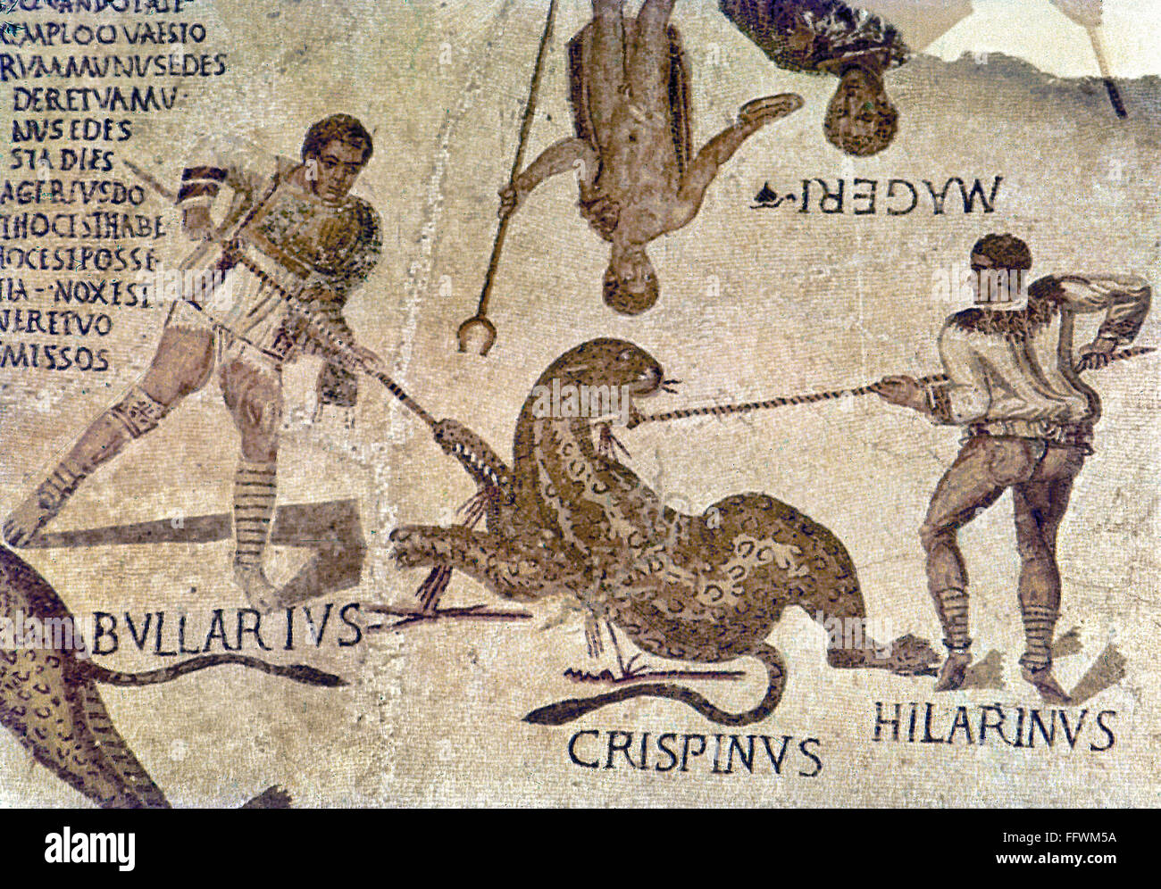 ROMAN MOSAIC: GLADIATORS. /nGladiators combating a leopard in an ...