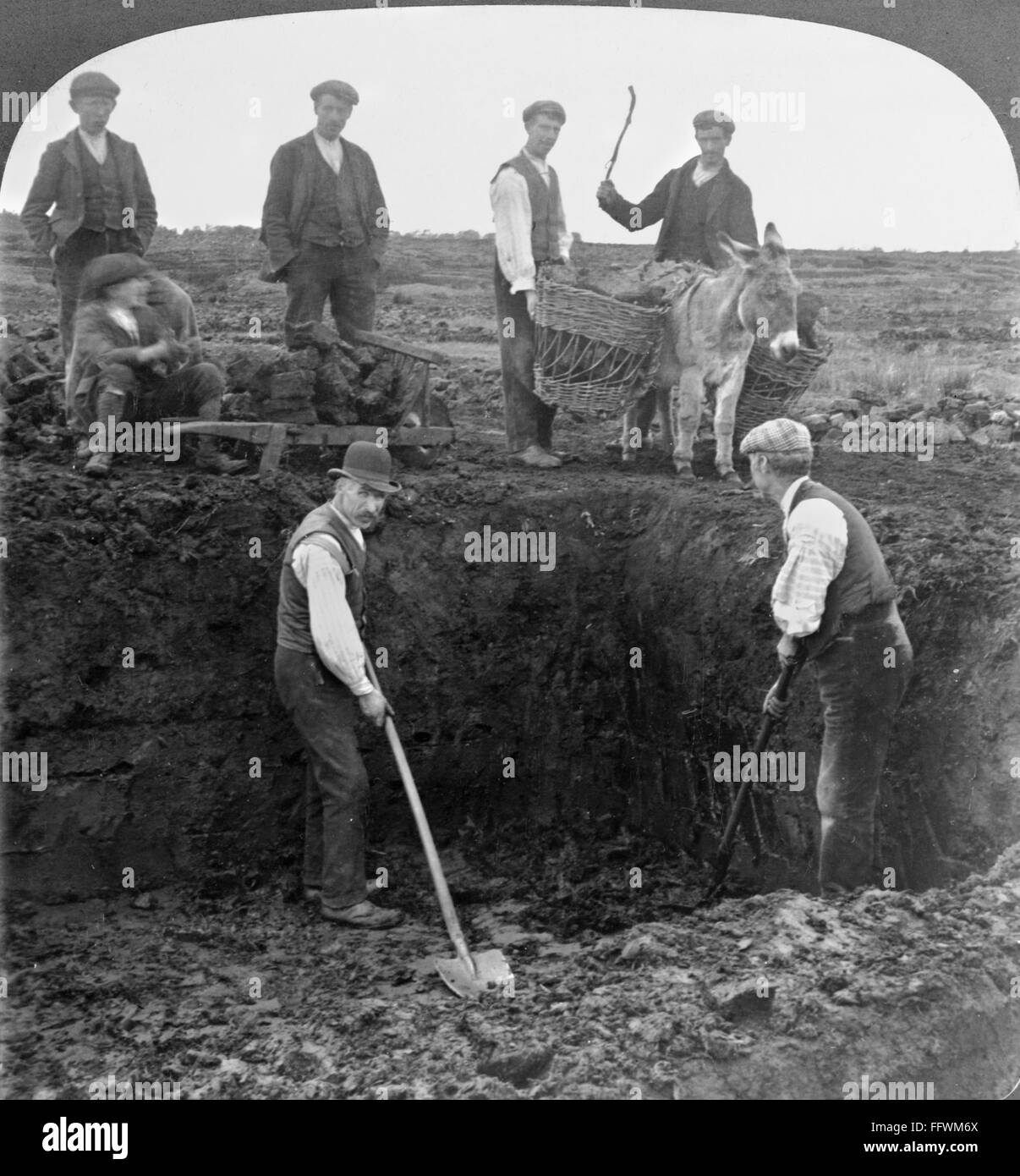 IRELAND: PEAT DIGGING. /nMen cutting peat from a bog and loading it on ...