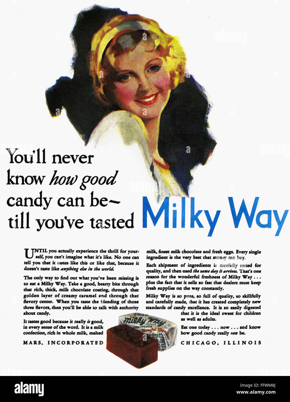 MILKY WAY AD, 1931. /nAmerican advertisement for a Milky Way candy bar ...