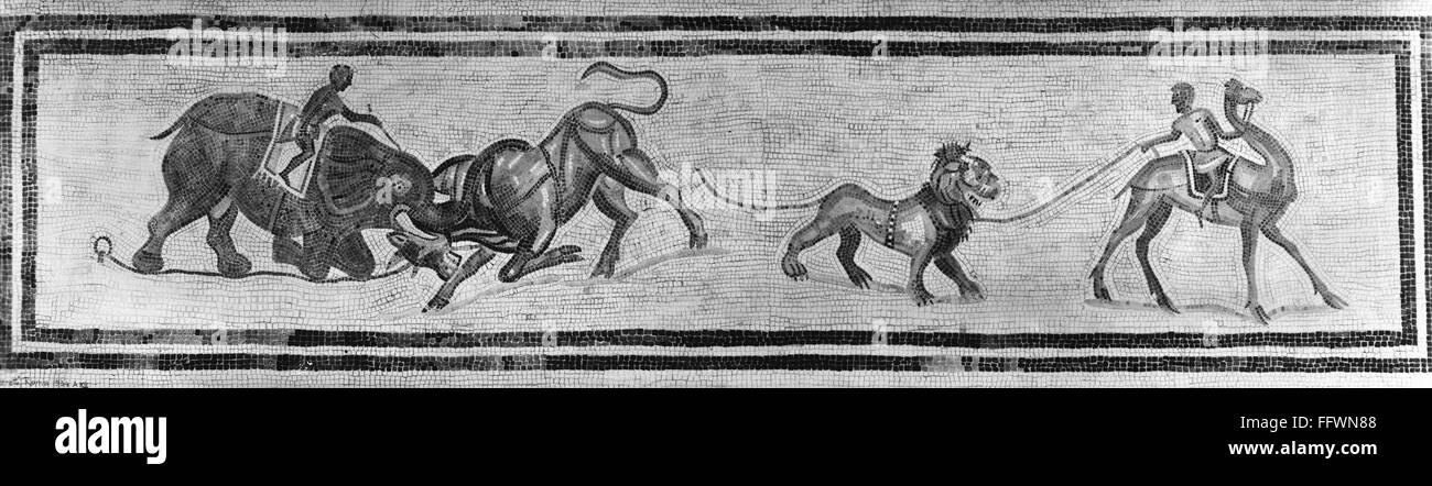 ROMAN MOSAIC: BESTIARII. /nWhile one bestiarius goads a fight between ...