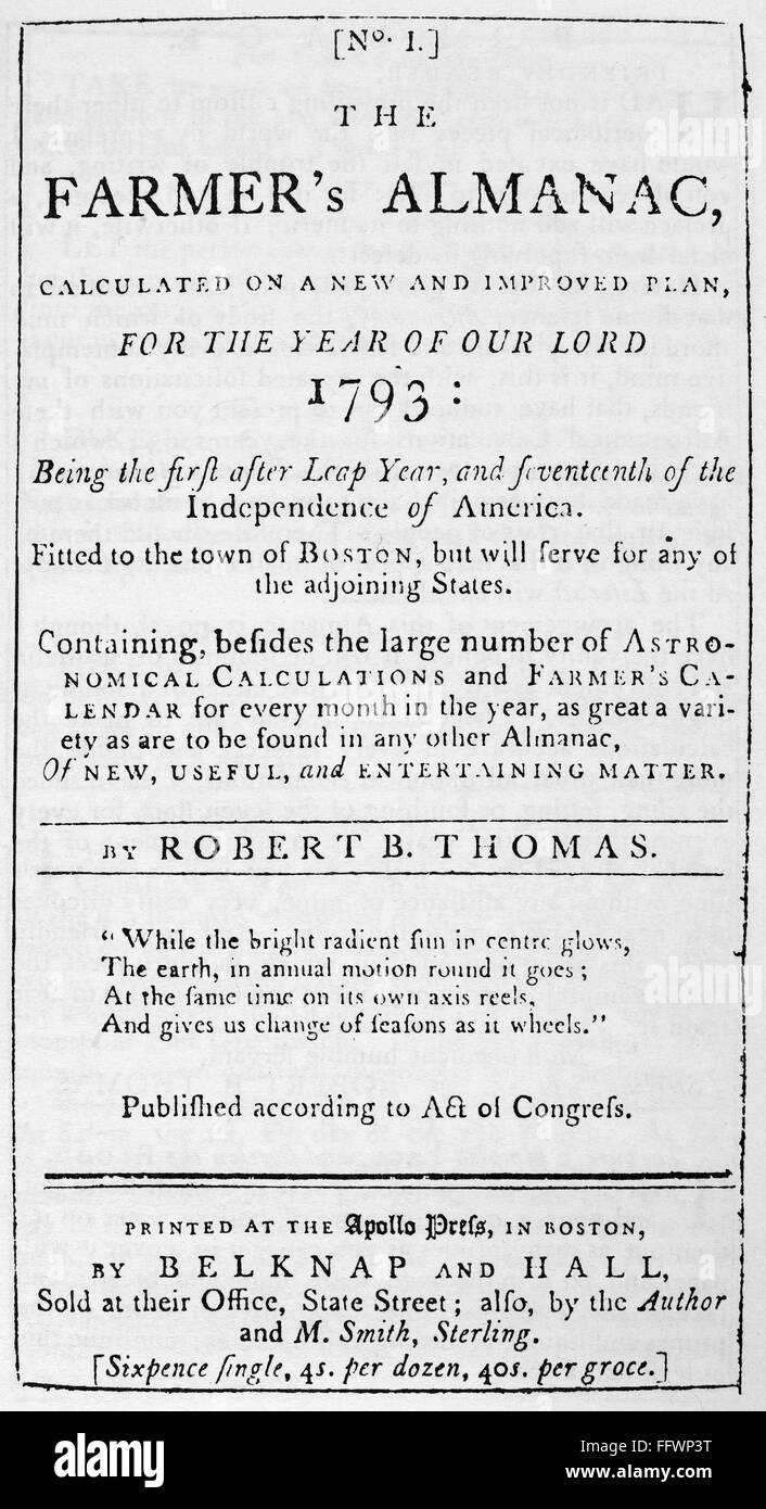 FARMER'S ALMANAC, 1793. /nFacsimile of the front cover of the first ...