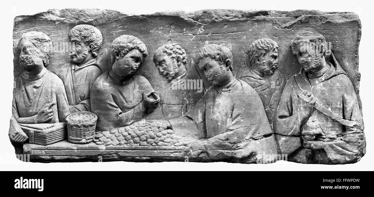 GALLO-ROMAN RELIEF: TAXES. /nCountry folk (right) paying money to a tax ...