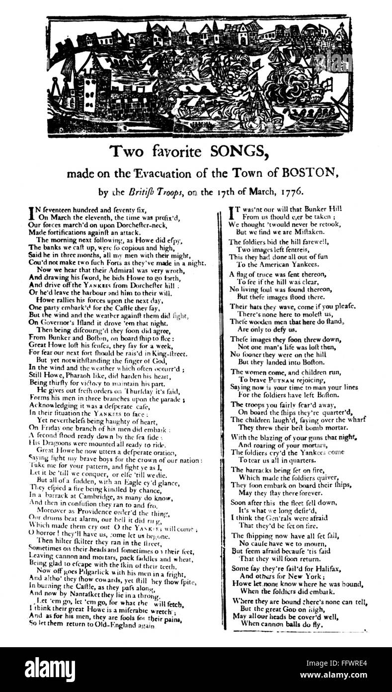 EVACUATION OF BOSTON, 1776. /nBroadside with two songs celebrating the ...