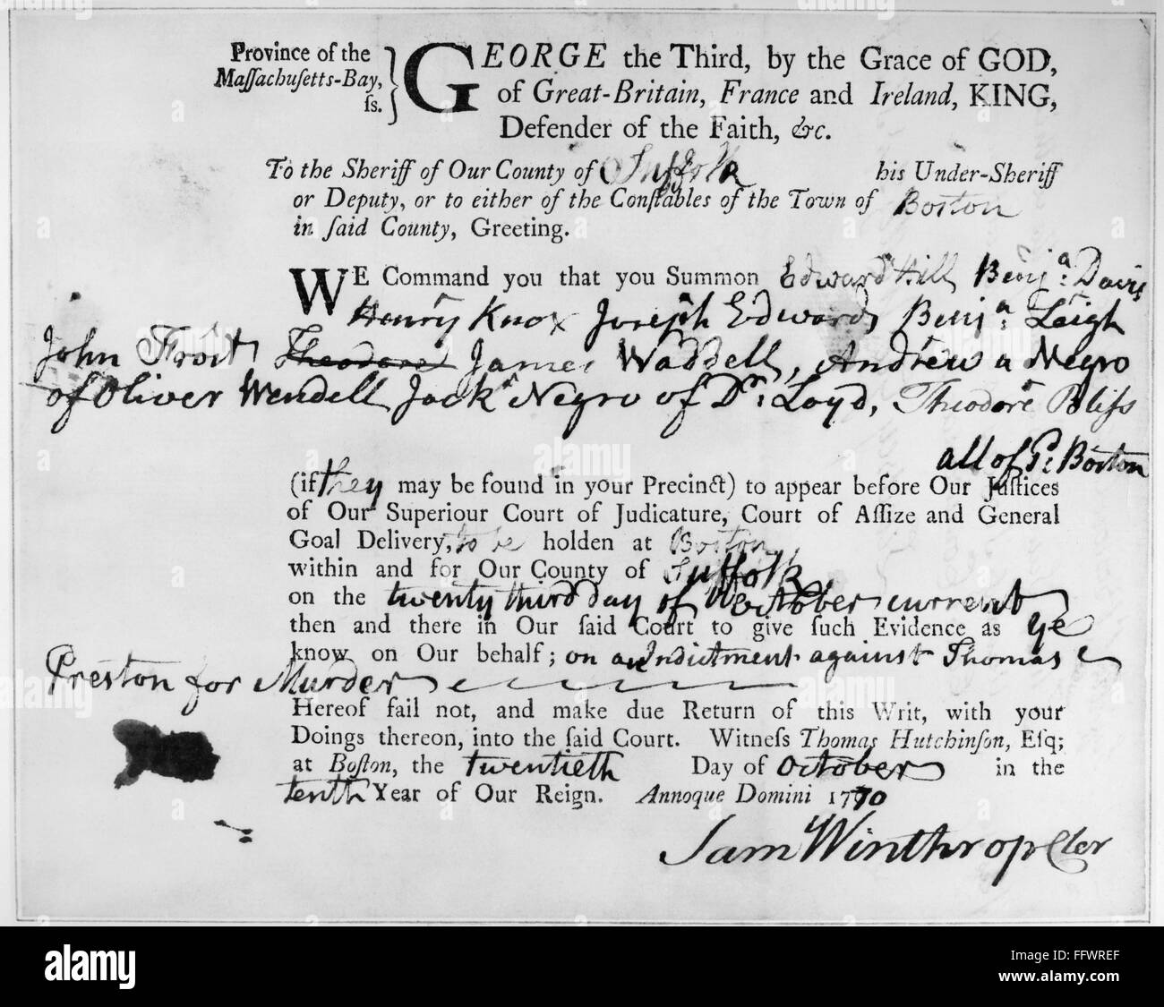 BOSTON MASSACRE: TRIAL. /nSummons issued, 20 October 1770, to witnesses ...