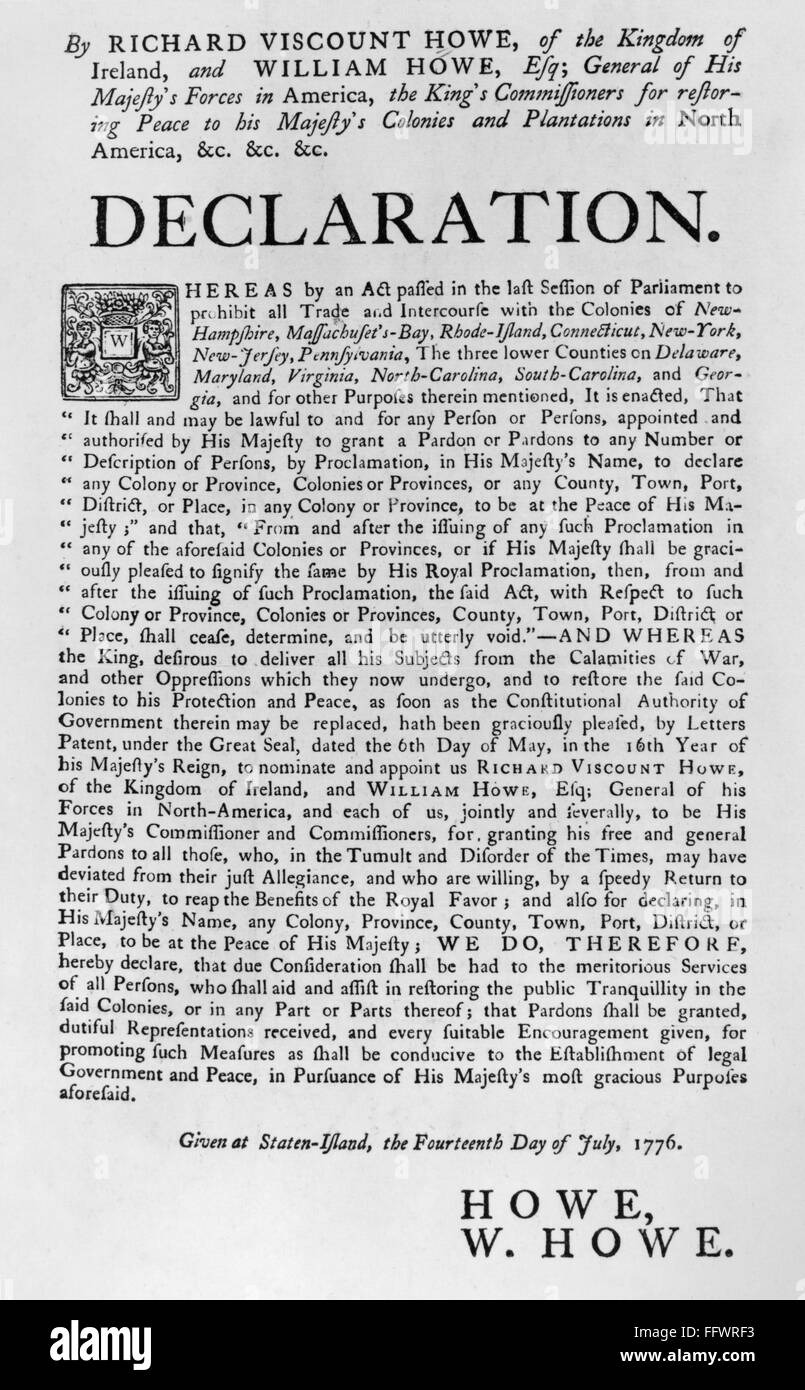 HOWE DECLARATION, 1776. /nDeclaration by Richard Viscount Howe and his ...