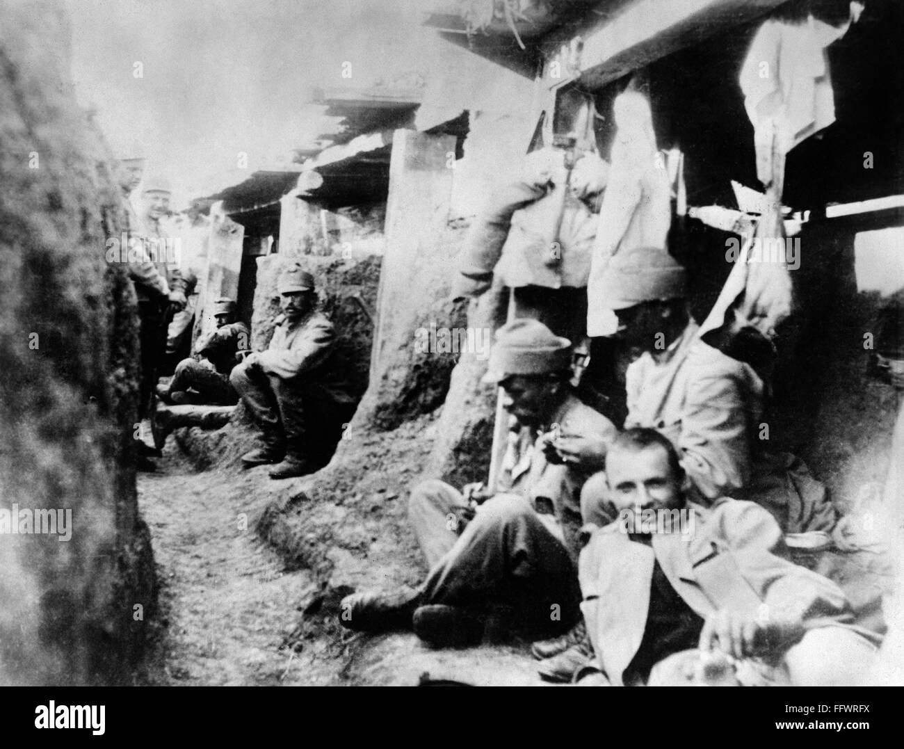 WORLD WAR I: TRENCH, c1914. /nGerman soldiers seated in a trench during ...