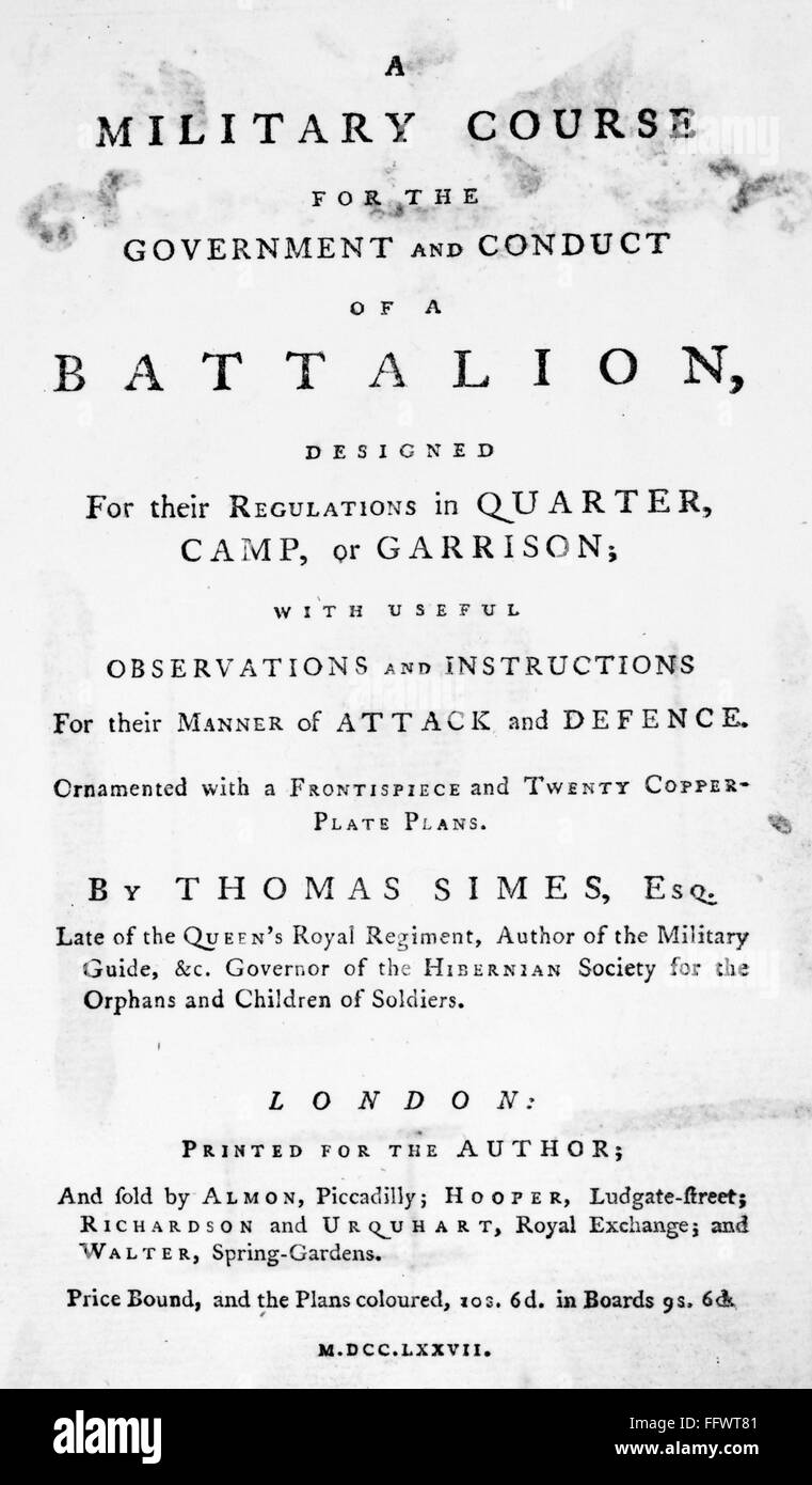 MILITARY TEXT BOOK, 1777. /n'A Military Course.' Title page of a ...