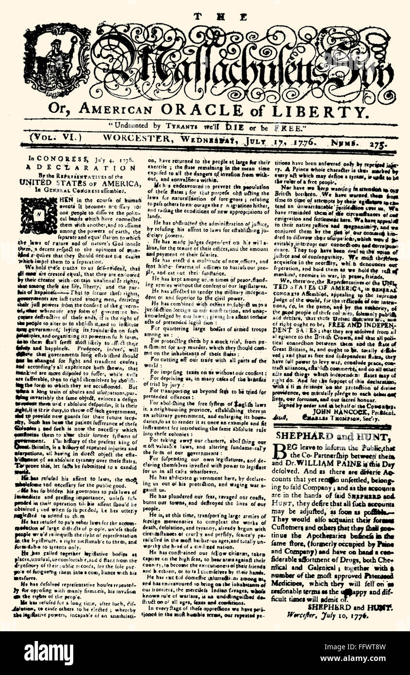 MASSACHUSETTS SPY, 1776. /nFront page of the 17 July 1776 issue of 'The ...