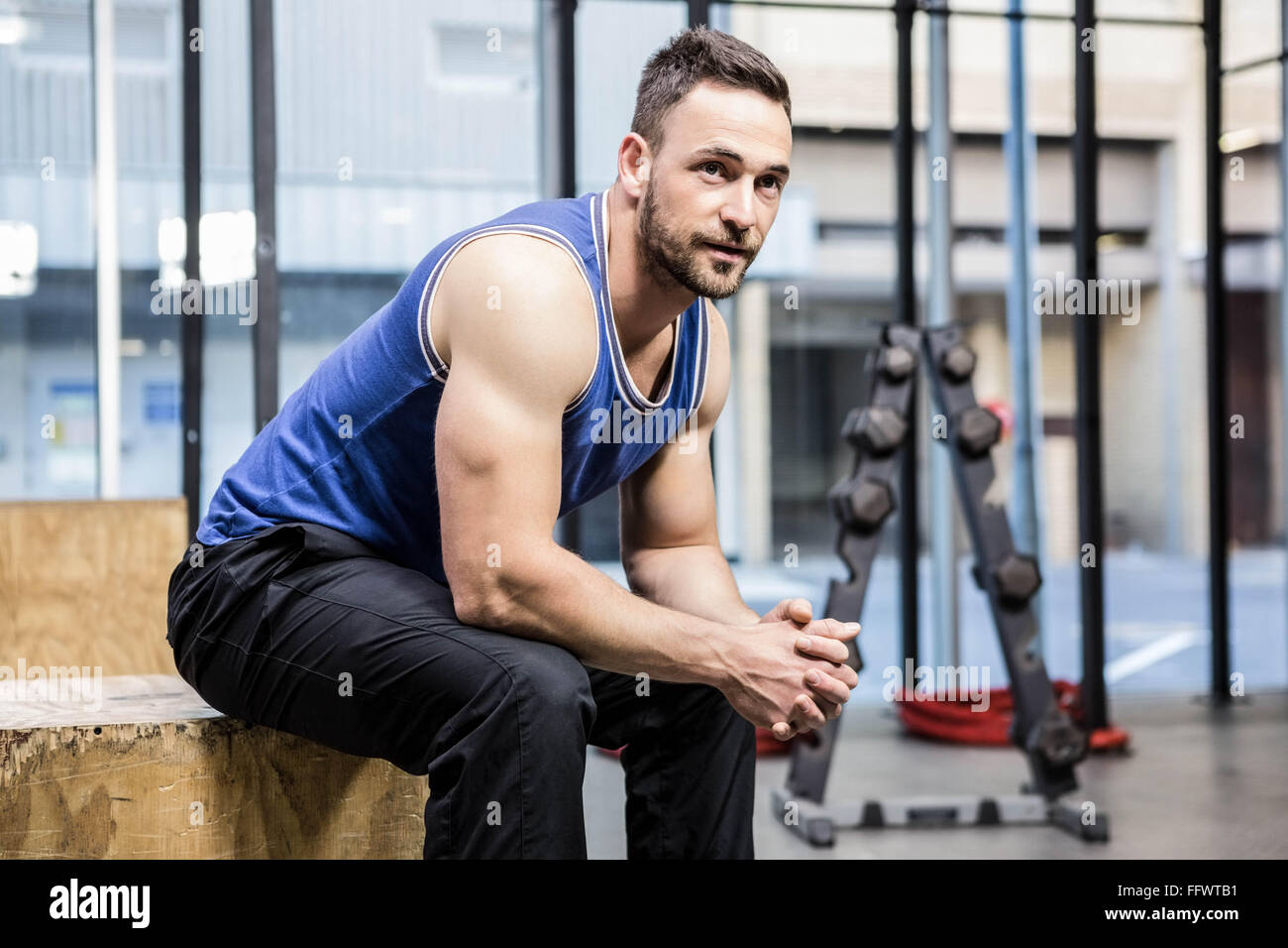 Muscular man sitting on wooden block Stock Photo - Alamy