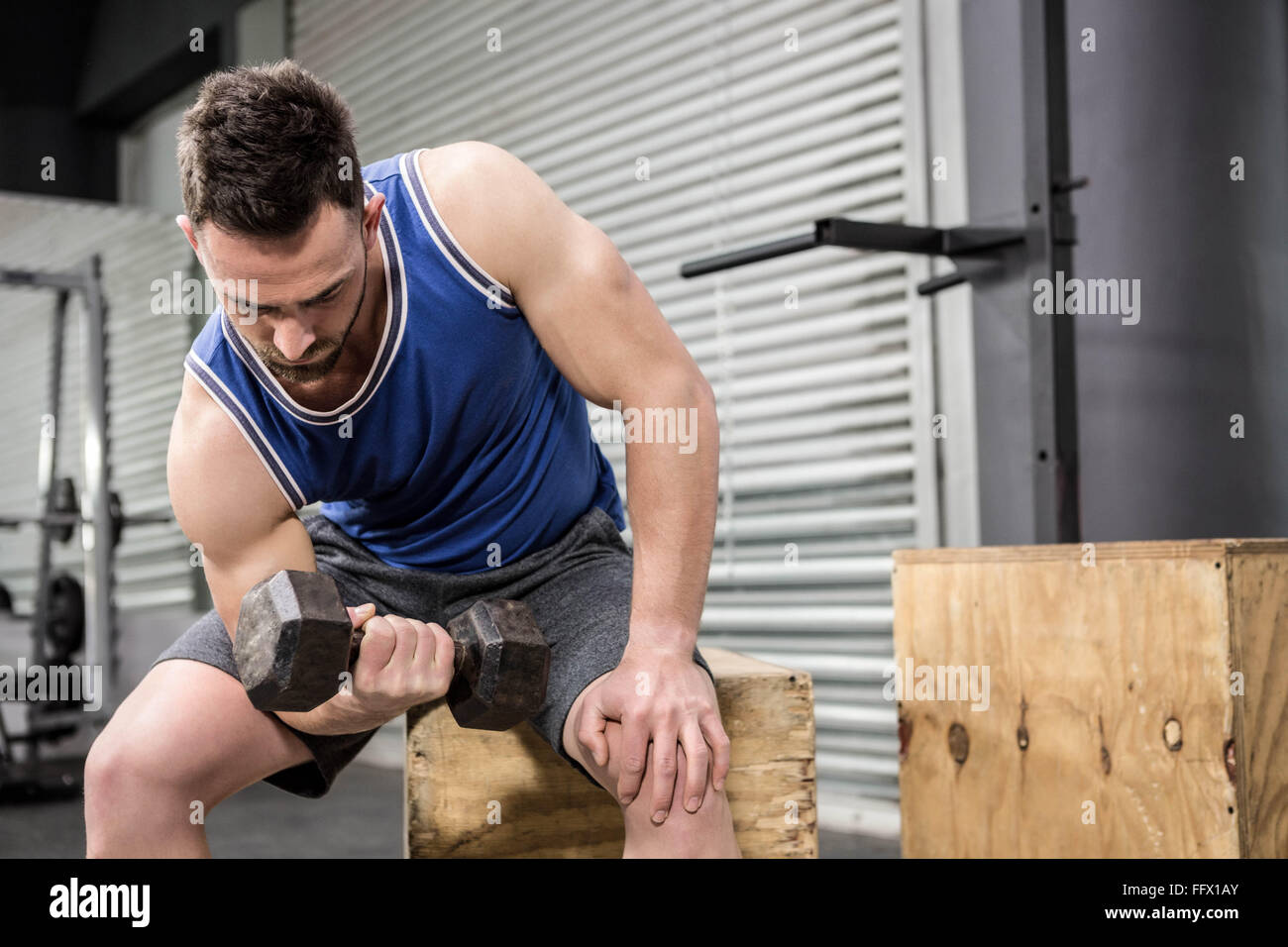 Muscular man lifting dumbbell on wooden block Stock Photo - Alamy