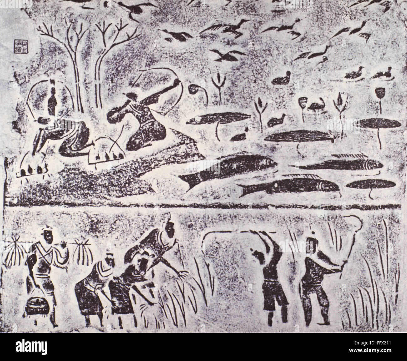 CHINA: HUNTING AND FARMING. /nTile rubbing depicting men hunting birds ...