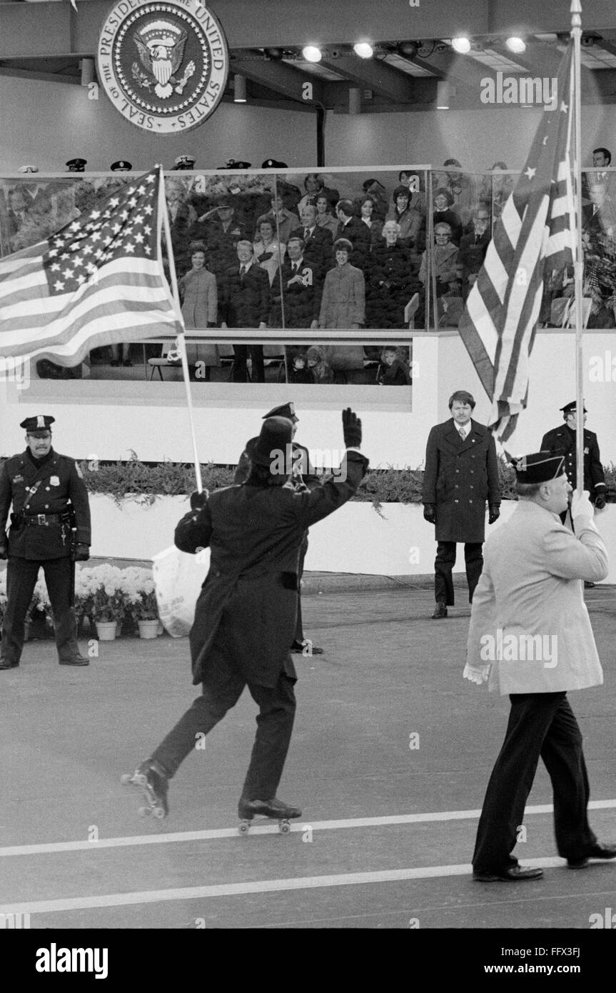 CARTER INAUGURATION, 1977. /nA flag-waving roller skater in a tuxedo ...