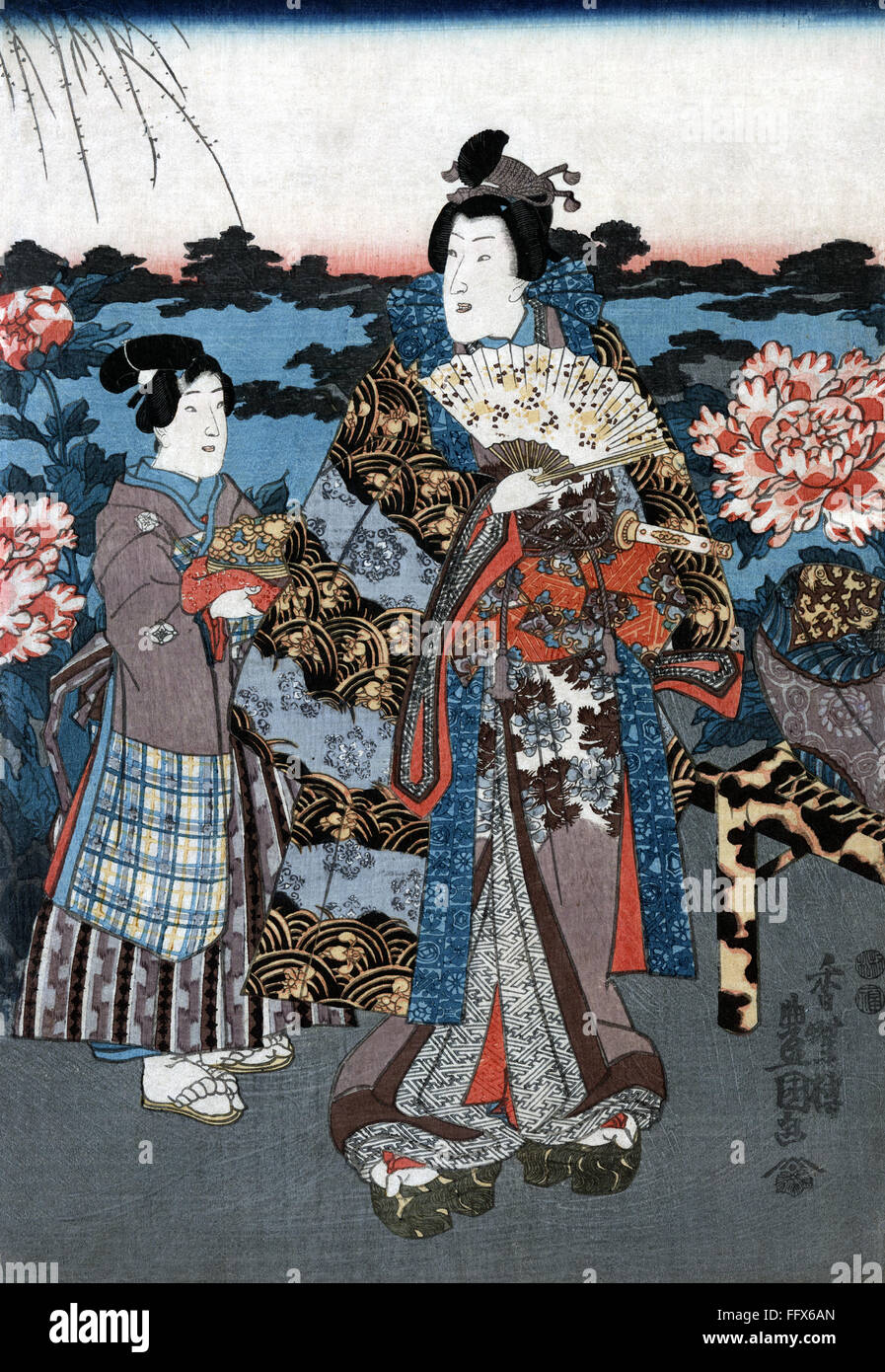 JAPAN: WOMAN IN GARDEN. /nA woman of the upper class enjoying a garden ...