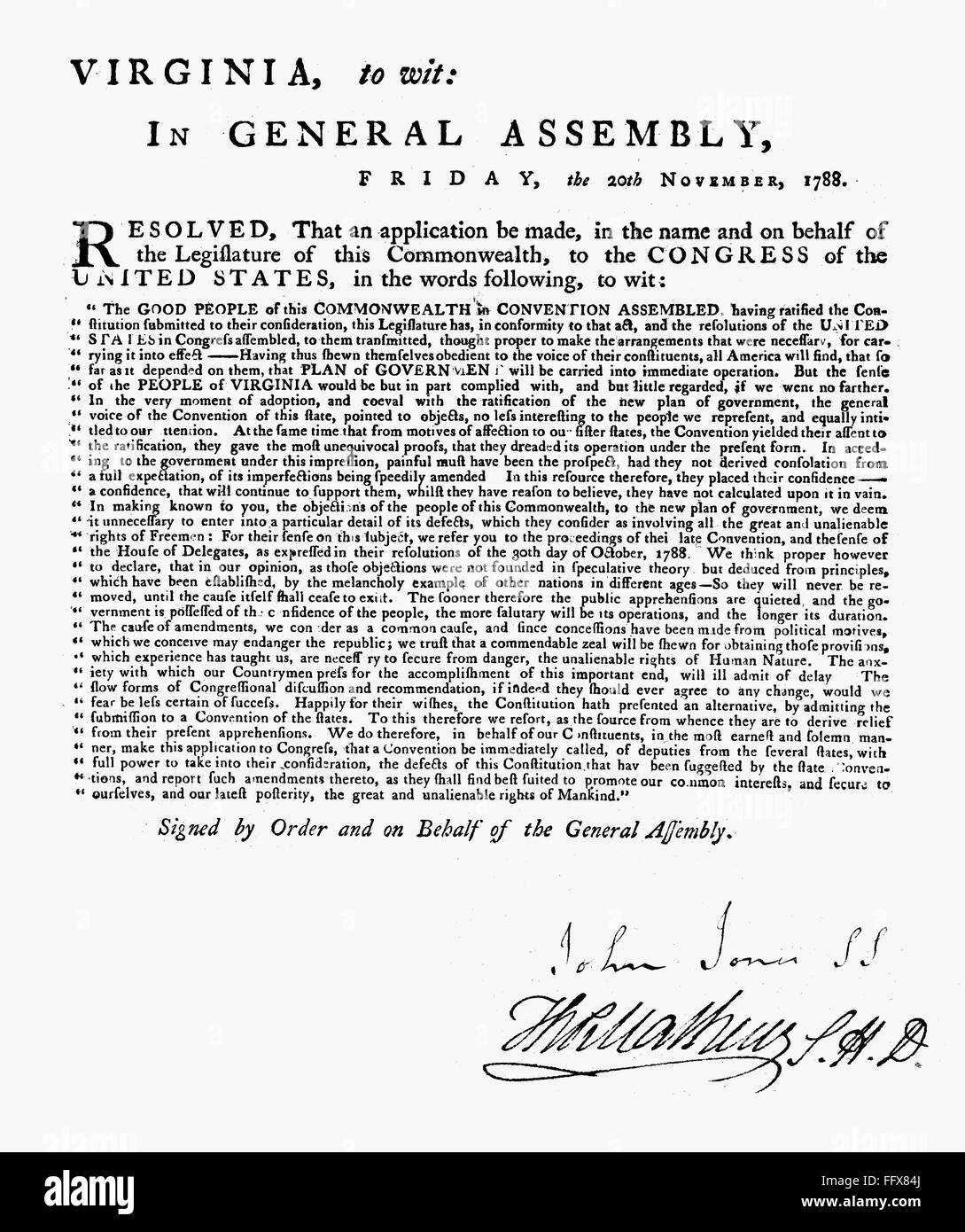 VIRGINIA ASSEMBLY, 1788./nResolution, November 1788, from the Virginia ...