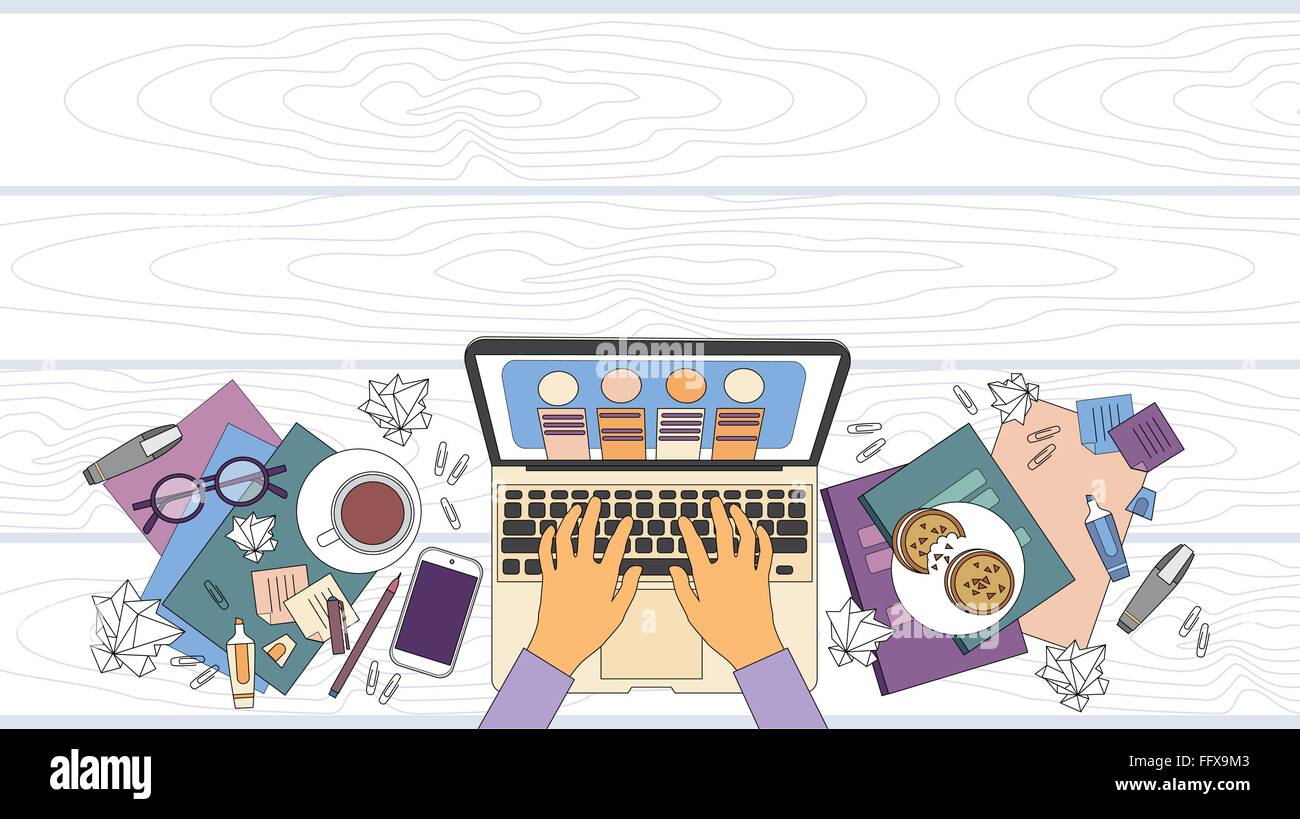 Businessman Workplace Desk Hands Working Laptop Top Angle Above View ...