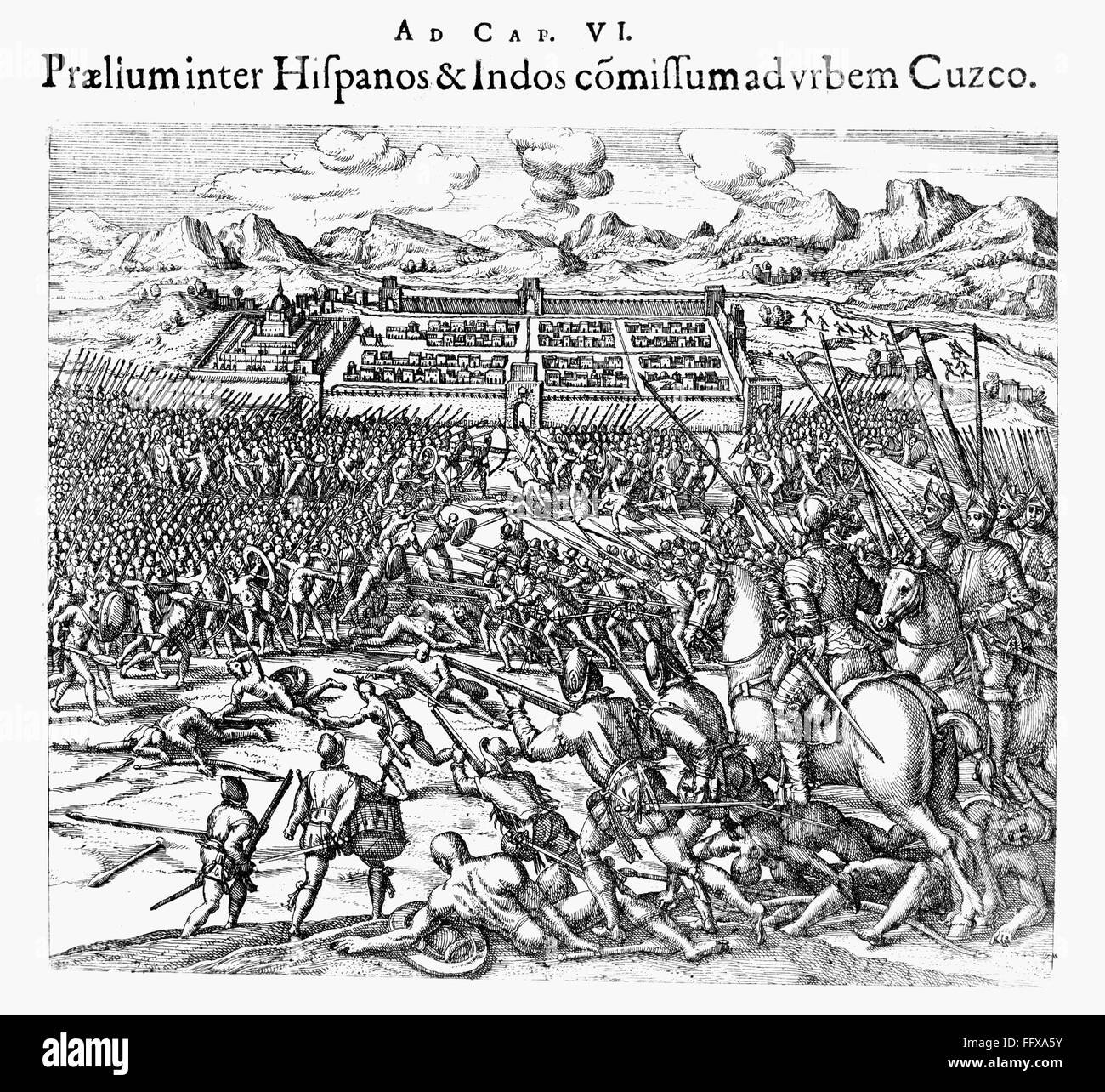 PERU: SPANISH CONQUEST. /nBattle between Spanish conquistadors and Inca ...