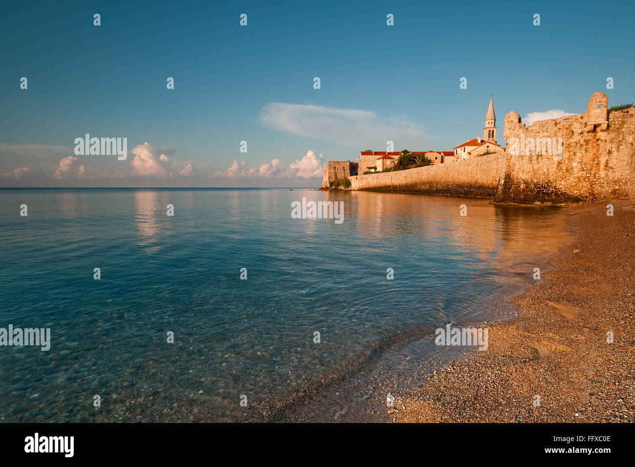 Castle like view on the Budva, Montenegro old town from the sea Stock ...