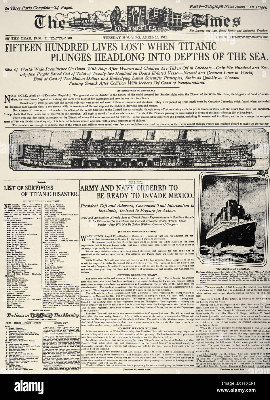 TITANIC HEADLINE, 1912. /nFront page of the Los Angeles Times, 16 April ...