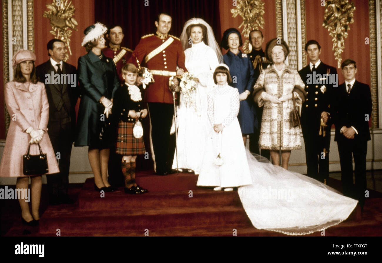 ROYAL WEDDING, 1973. /nPrincess Anne and Captain Mark Phillips flanked ...