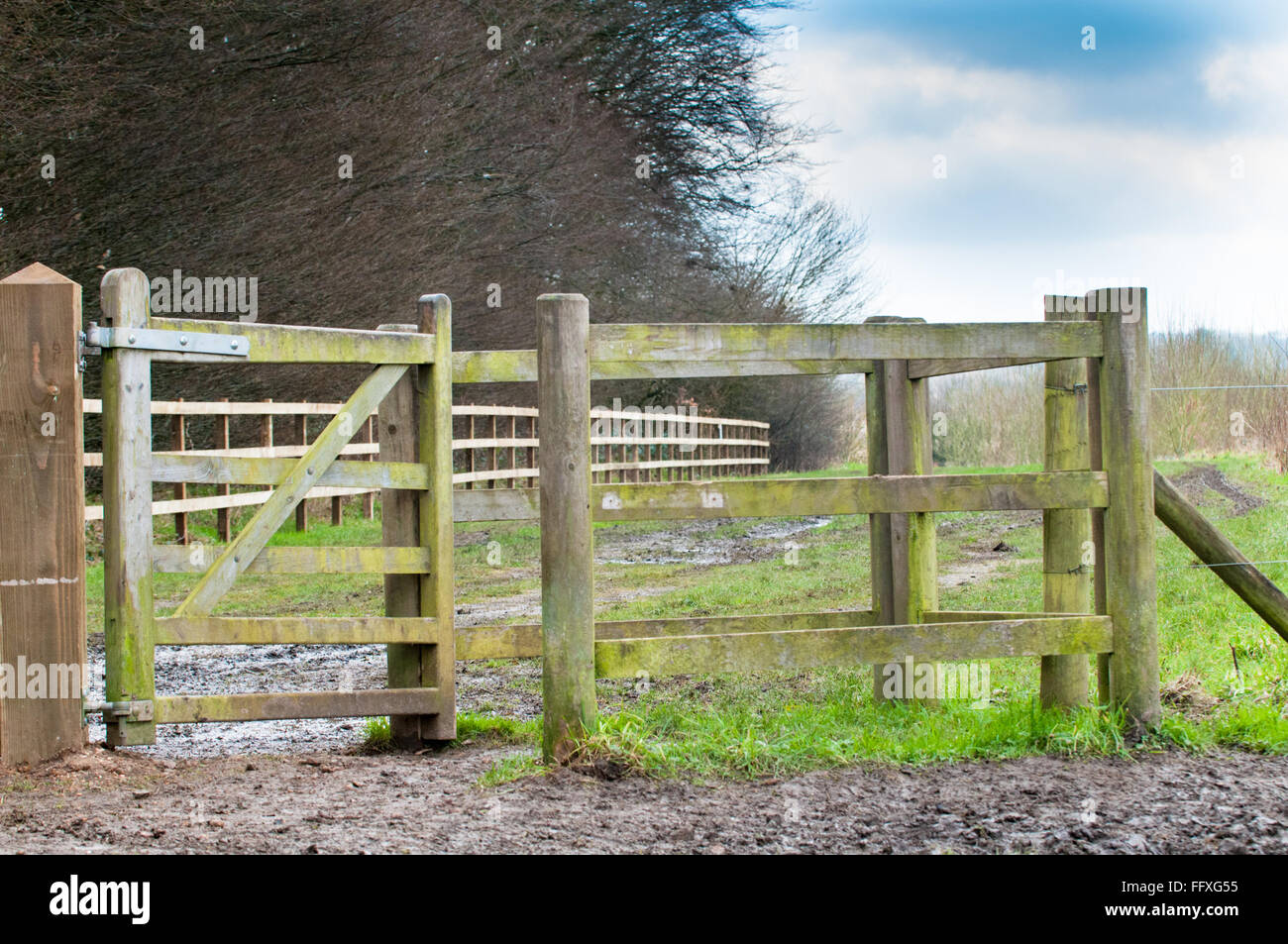 Open gate to a muddy countryside path Stock Photo - Alamy