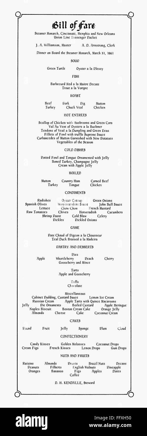 STEAMBOAT MENU, 1861. /nDinner menu aboard the 'Monarch,' a packet ...