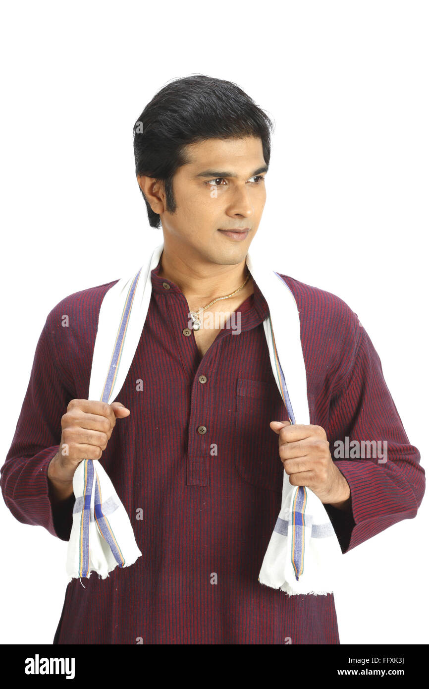 Rich Indian farmer kept white gamcha around neck holding with both ...