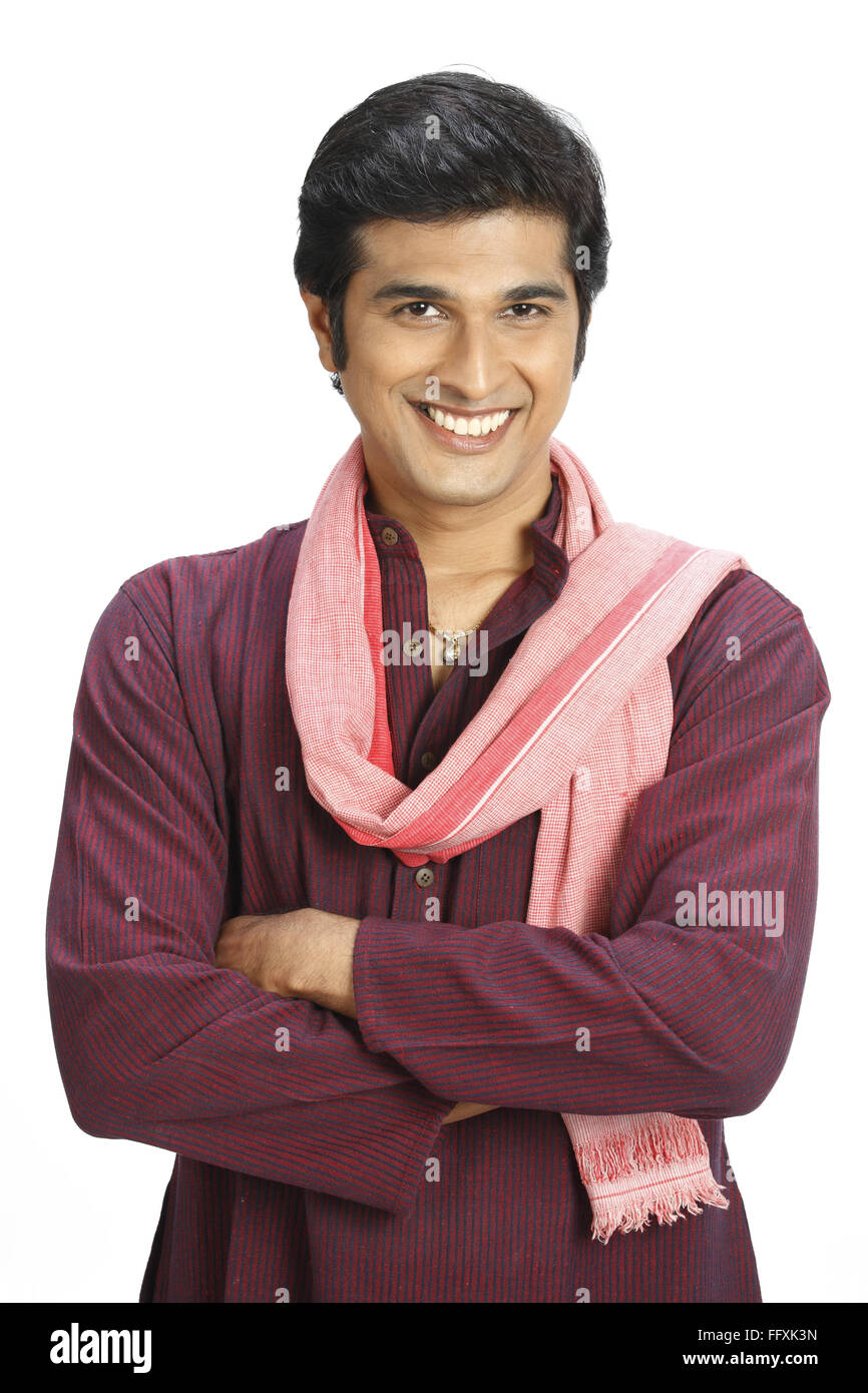 Rich Indian farmer standing arm cross kept red gamcha around neck MR ...