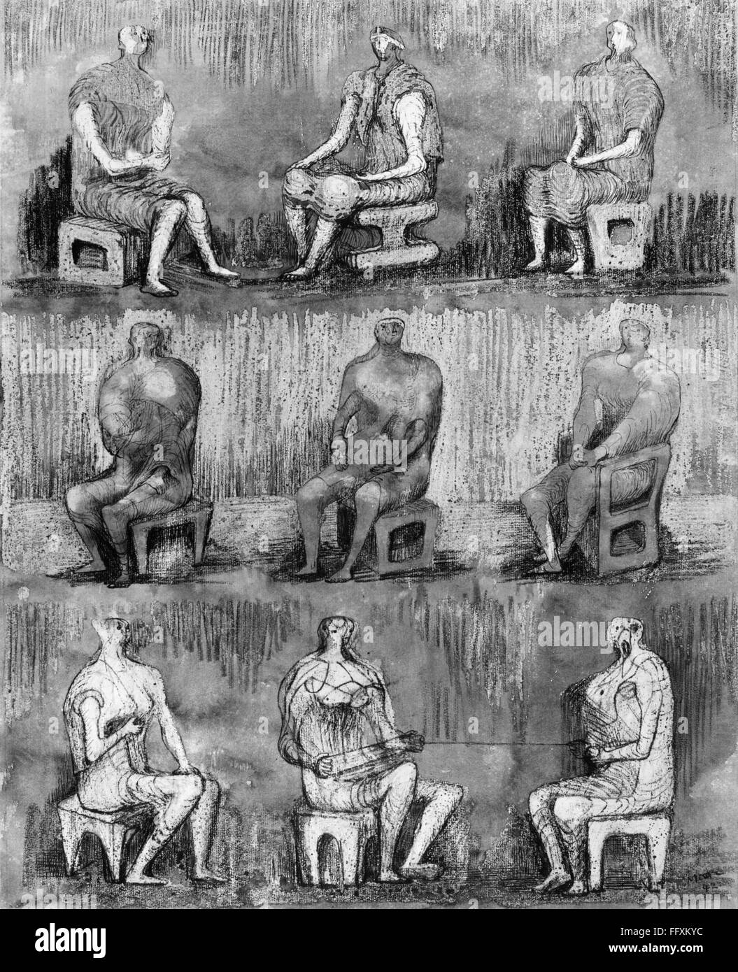 MOORE: SEATED FIGURES, 1942. /n'Seated Figures, II.' Crayon, wash, pen ...