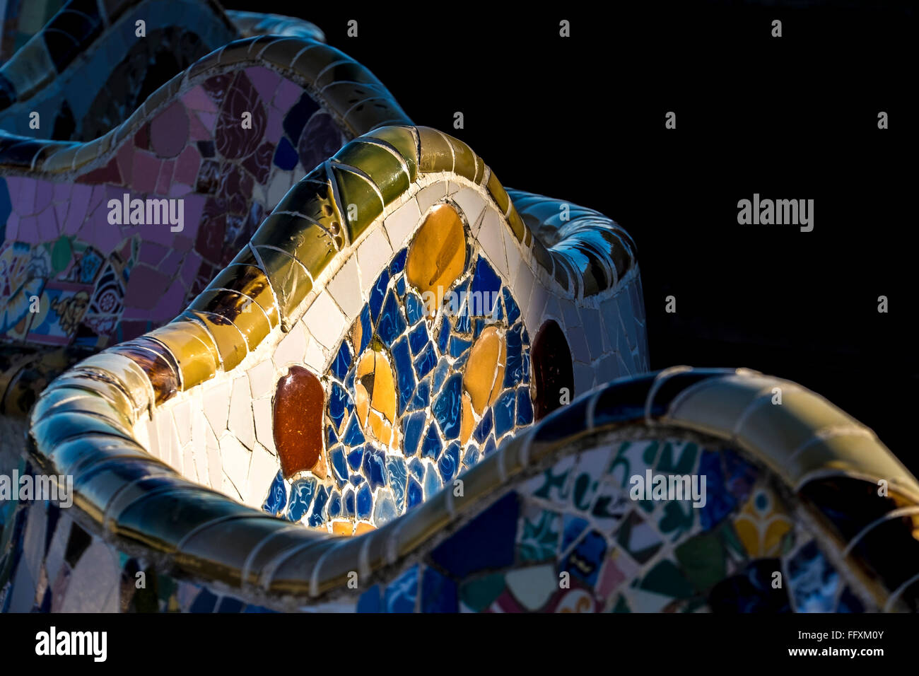 Park Guell. Garden complex with architectural elements situated on the ...