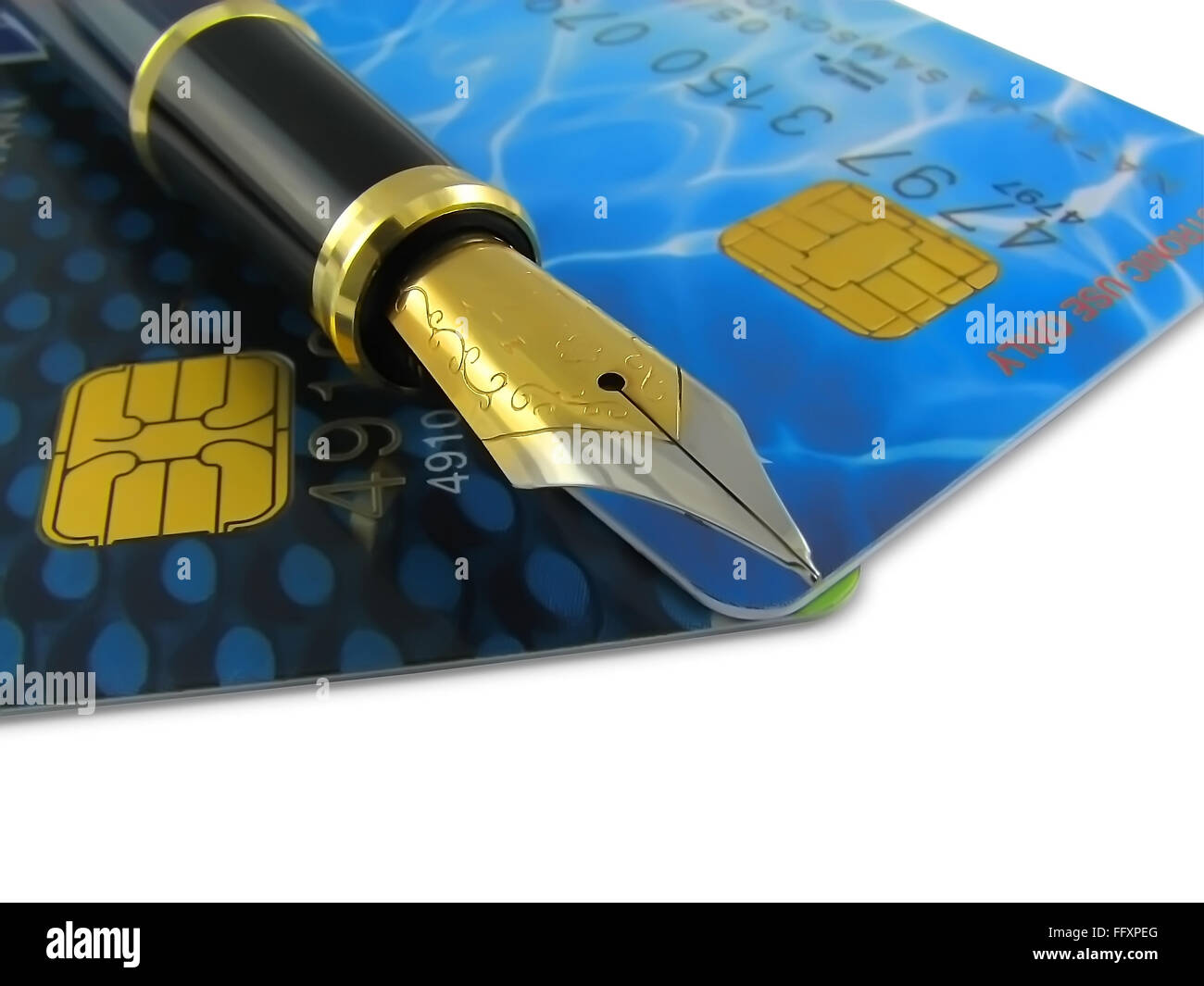 Credit cards end ink pen on white background Stock Photo - Alamy