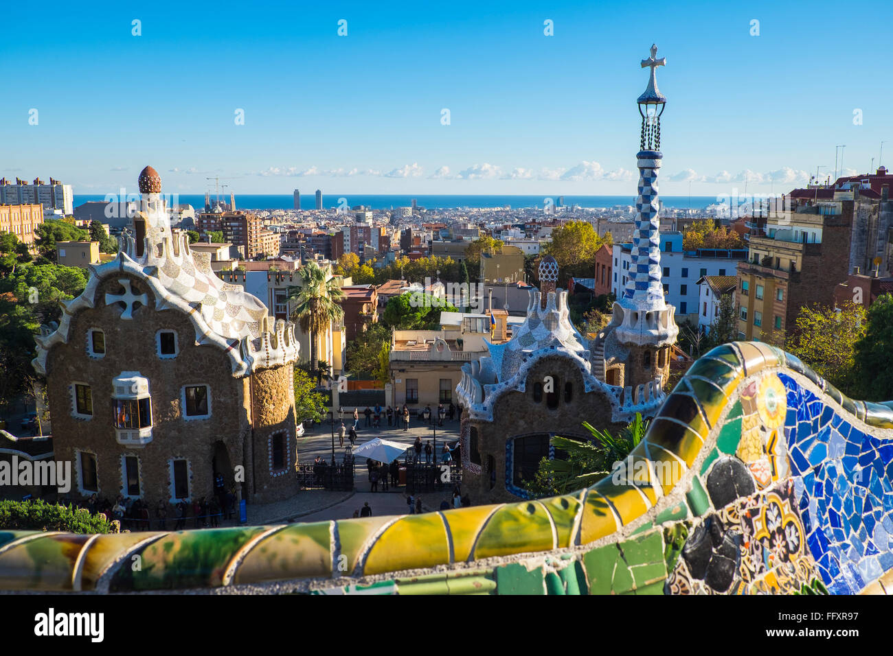 Panoramic of Barcelona from Park Guell. Garden complex with ...