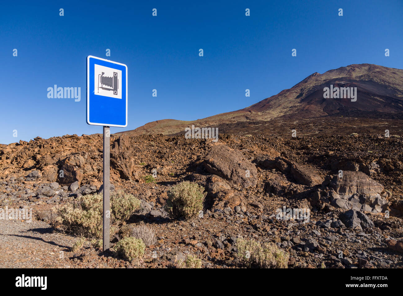 Landmark road sign near Pico Viejo volcano, Tenerife island, Spain ...