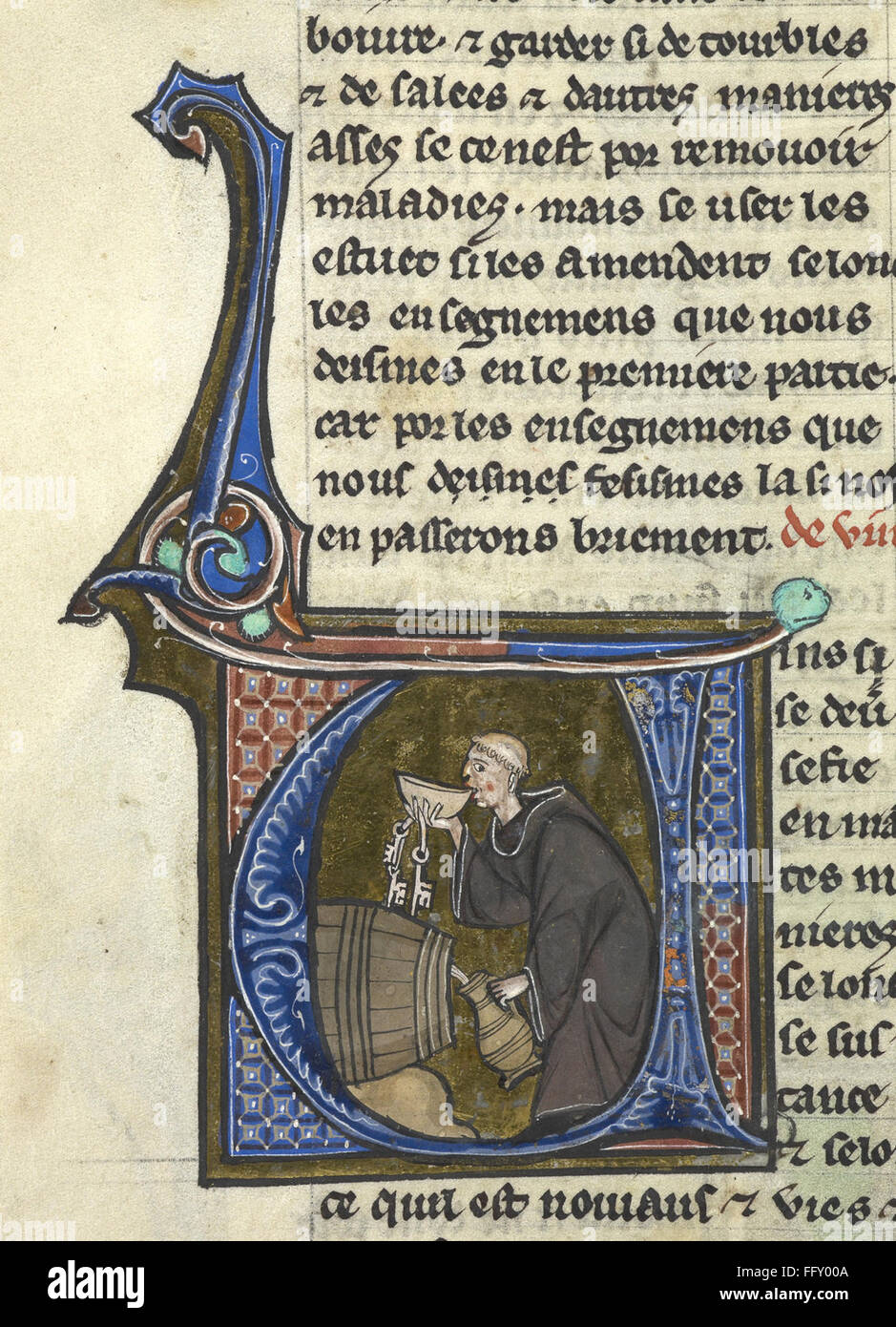 The image depicts a monk drinking from a barrel, capturing a moment in ...