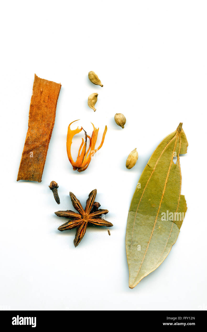 Spices , garam masala cinnamon cloves sear anise bay leaf mace cardamom ...