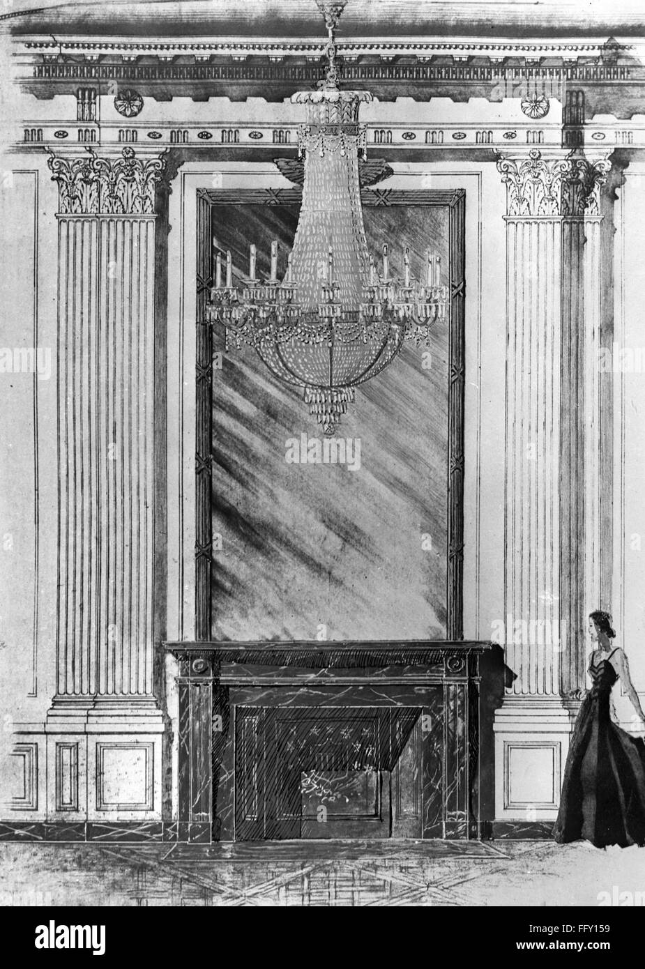 WHITE HOUSE: FIREPLACE, 1952. /nStudy of the fireplace and chandelier ...