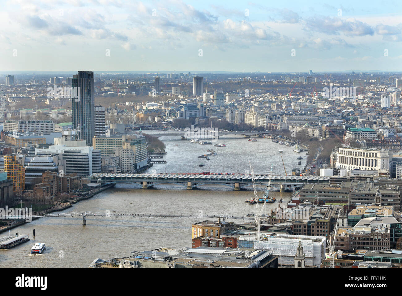 Rooftop view of the river Thames in London with the Millennium bridge ...