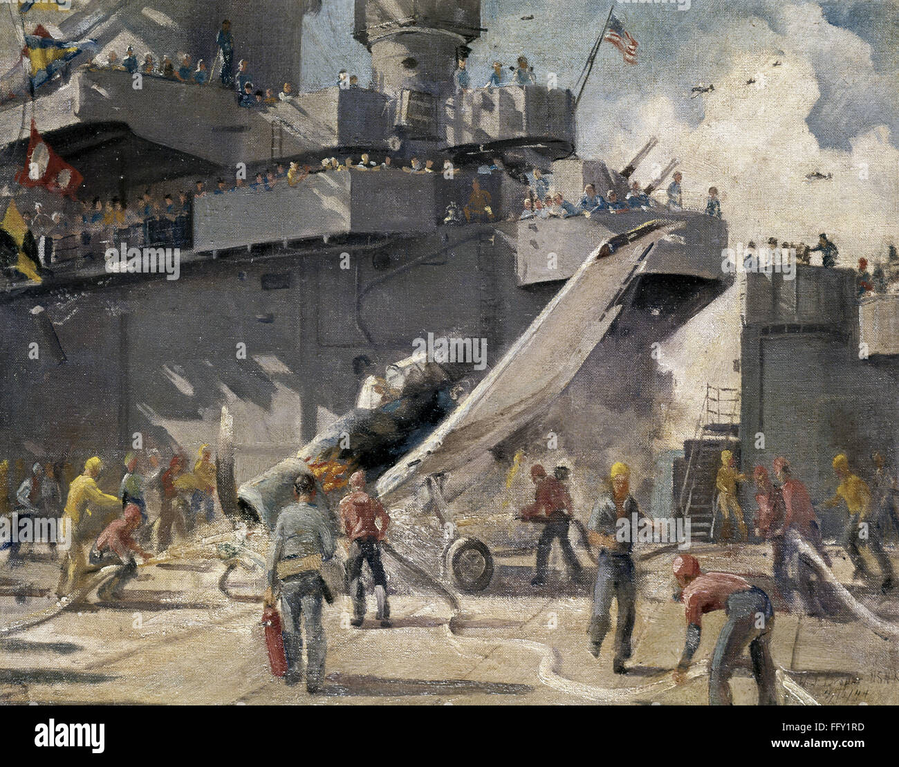 WWII: AIRCRAFT CARRIER. /nAn F6F Hellcat fighter plane damaged over the ...