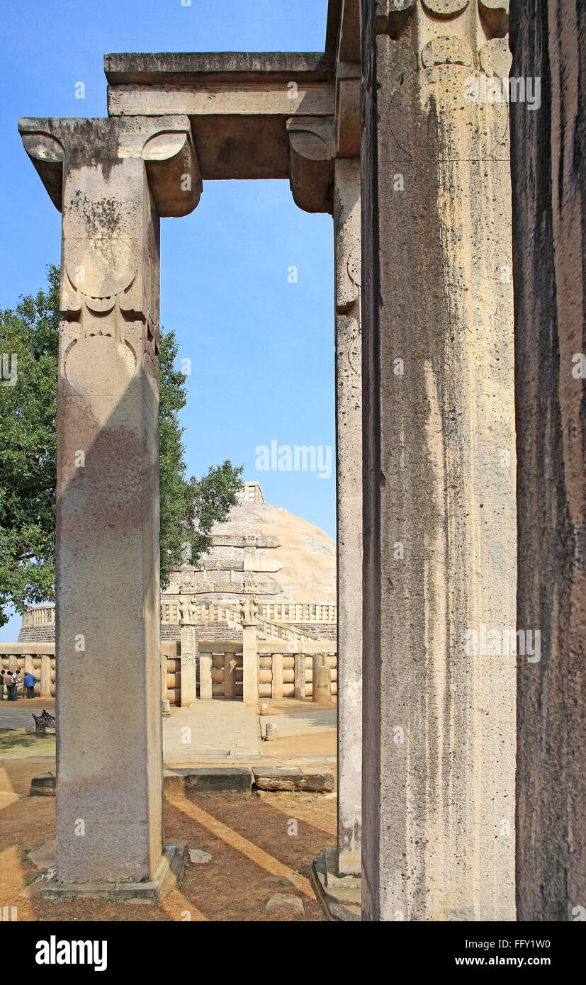 Stupa 1 with south gateway seen through columns of Chaitya prayer room ...