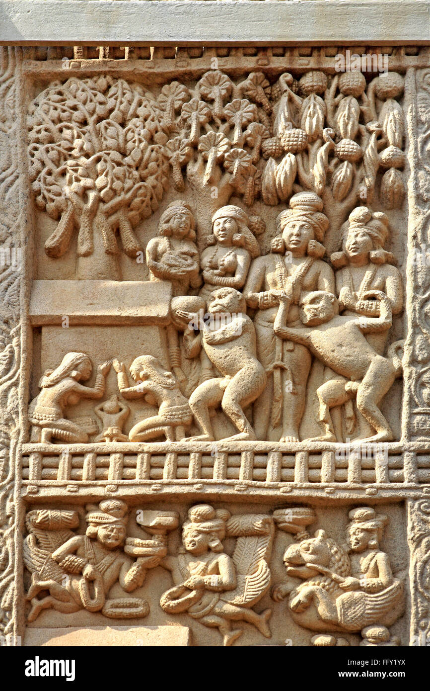 Close up view of north gateway second panel scene of a monkey offering ...