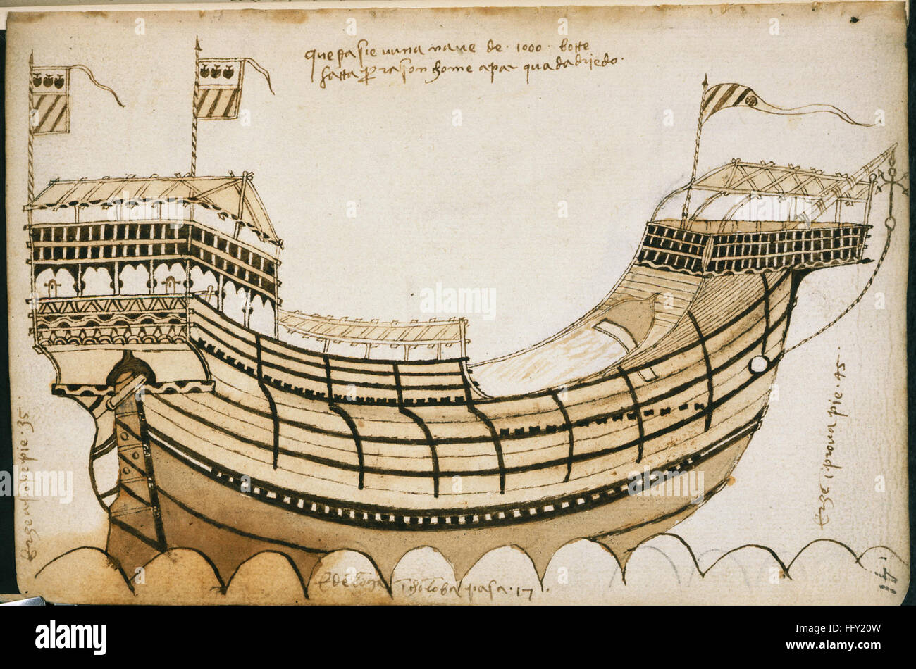 This vintage book contains a detailed drawing of a ship, depicting its ...