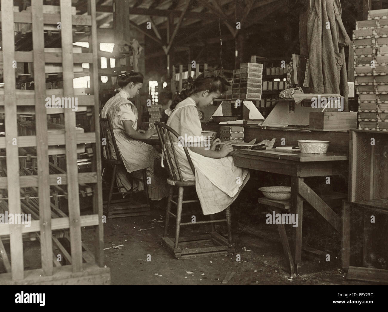 CIGAR BOX FACTORY, 1909. /nYoung girls working at the Tampa Cigar Box ...