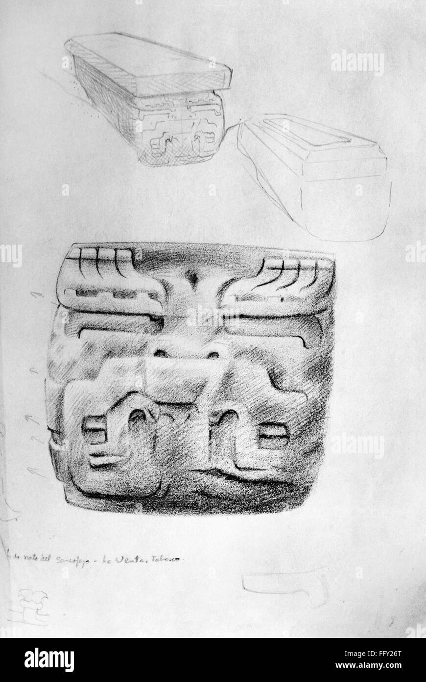 OLMEC SARCOPHAGUS. /nPencil drawing by JosΘ Miguel Covarrubias of an ...