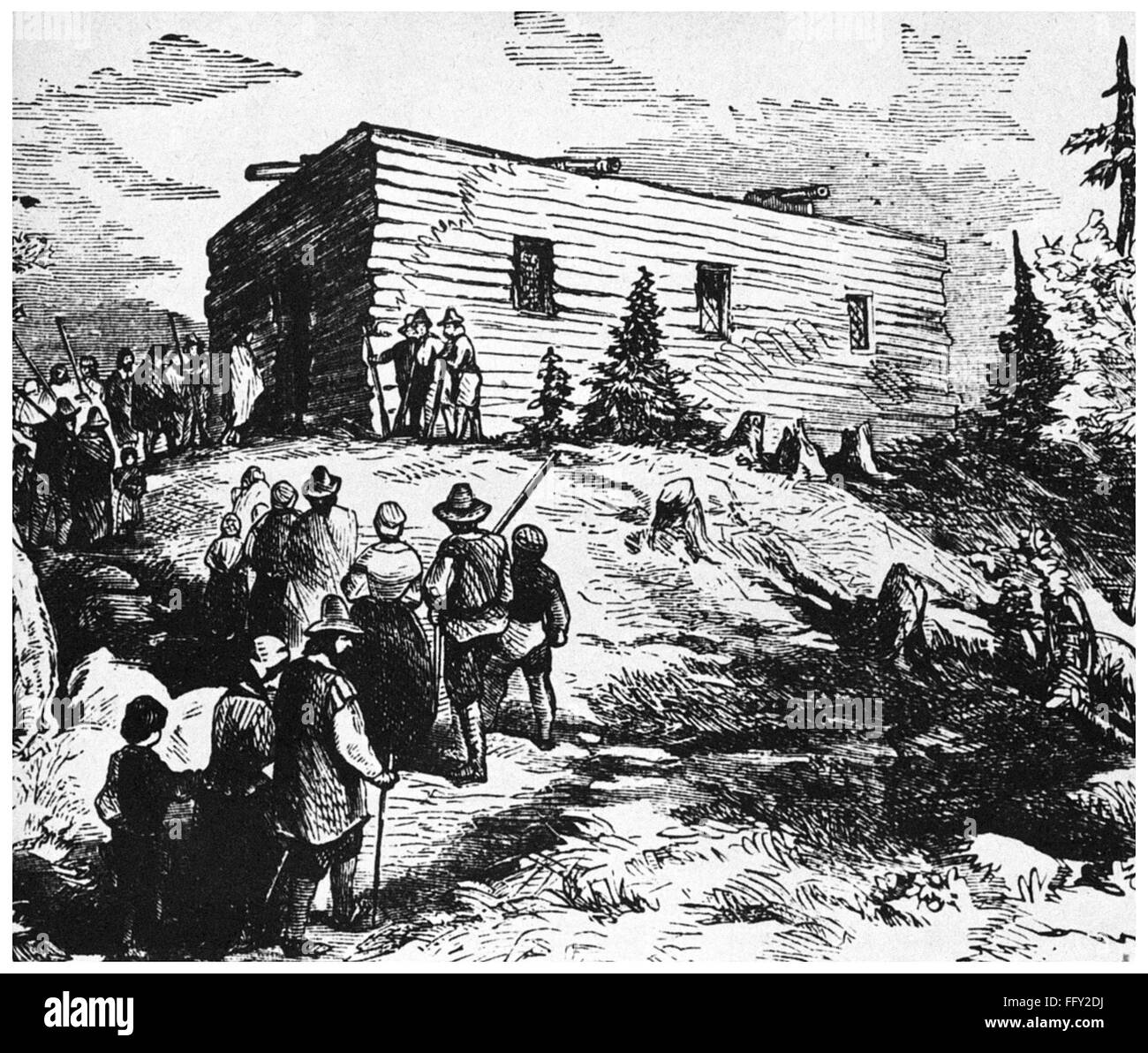 COLONIAL MEETING HOUSE. /nColonists gathering at a meeting house in ...