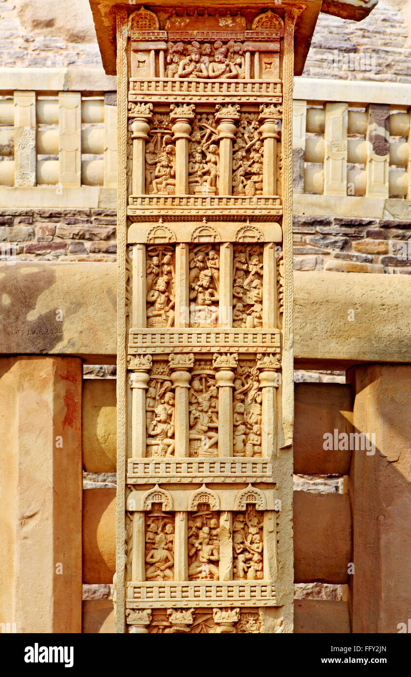 Close up view showing stories of Buddha on north pillar eastern gateway ...