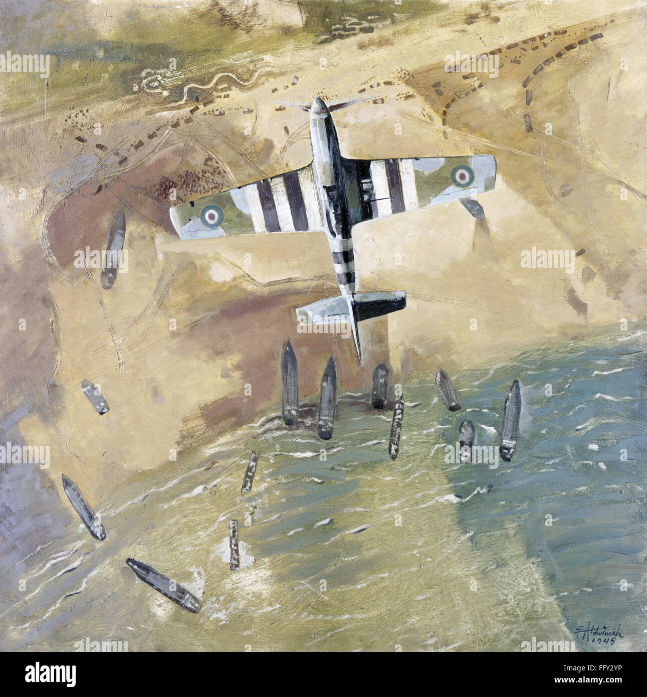 WORLD WAR II: NORMANDY. A P51 Mustang airplane over the beaches of ...