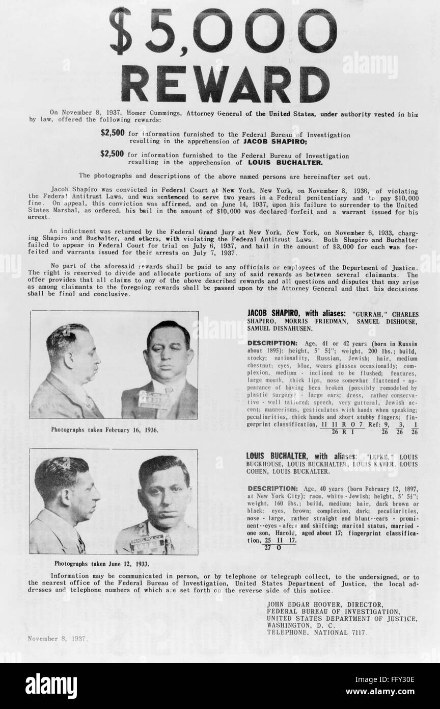 WANTED POSTER, 1937. /nPoster issued by the F.B.I., 1937, offering a ...