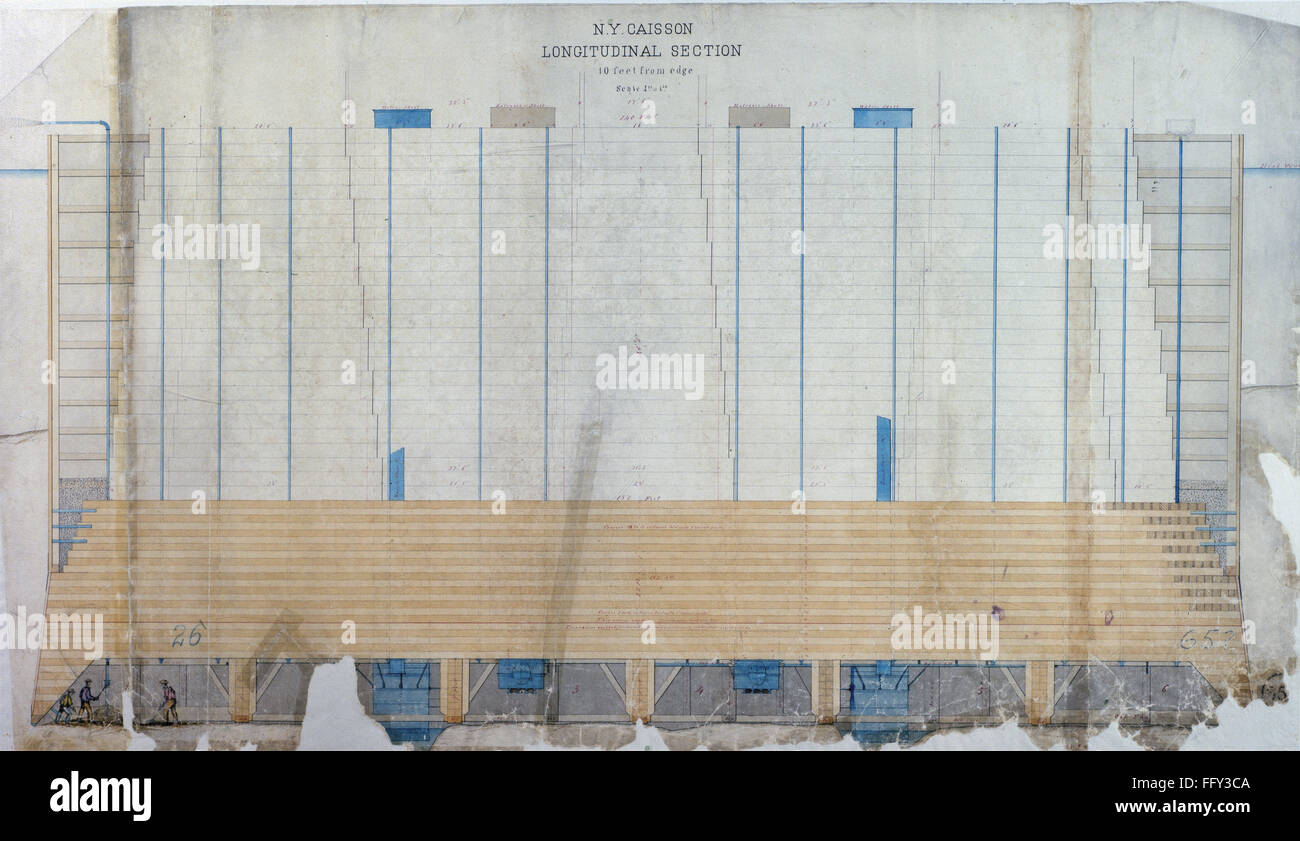 BROOKLYN BRIDGE: CAISSON. /nCross-section of the caisson and masonry ...