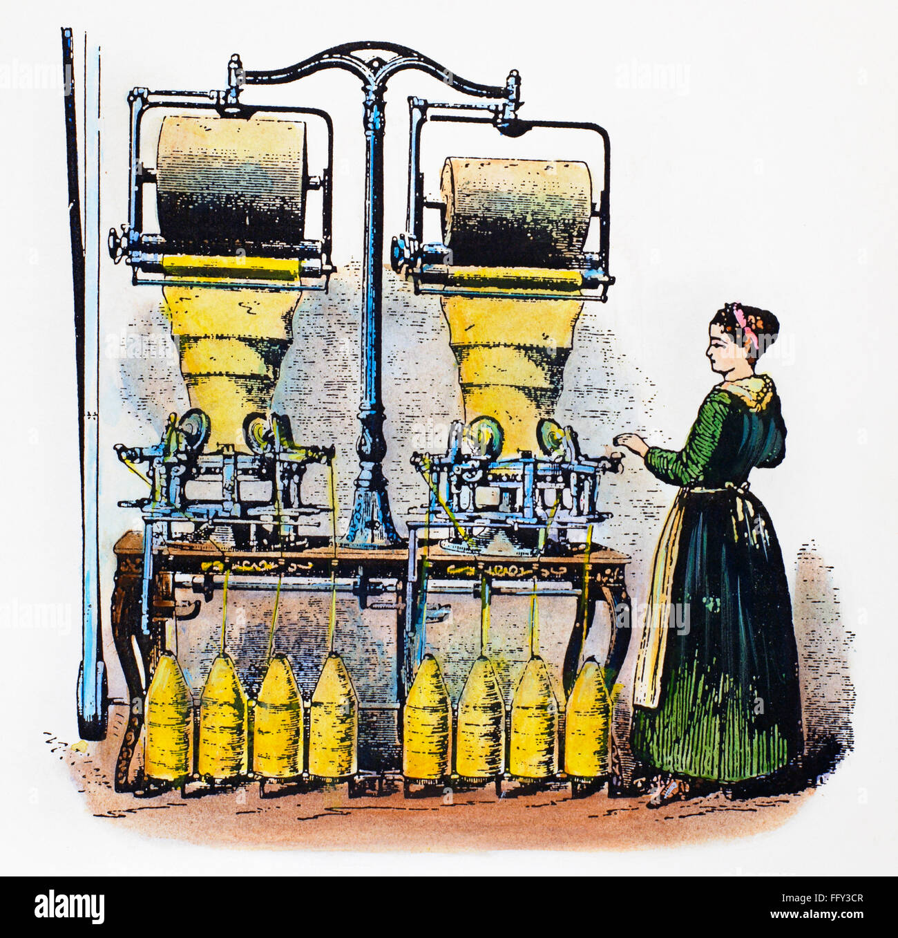 TEXTILES: KNITTING MACHINE. /nA woman working at an upright rotary ...