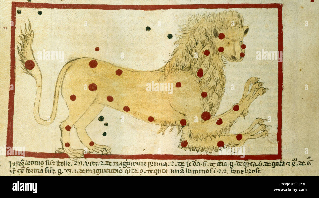 A vintage book featuring a drawing of Leo, the Zodiac sign for July, as ...