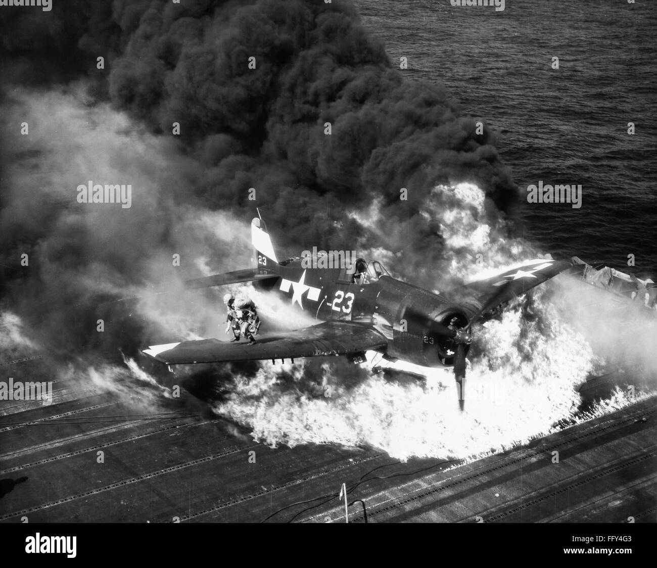 WWII: CRASH LANDING, 1945. /nThe pilot of a U.S. Navy F6F Hellcat ...